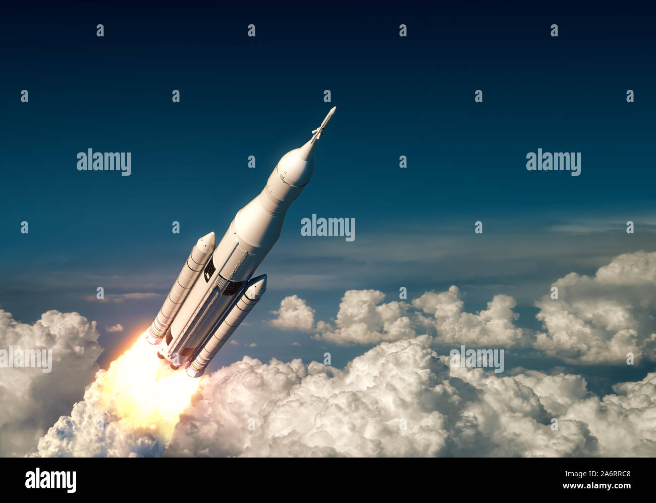 Flight Of Big Carrier Rocket Above The Clouds. 3D Illustration Stock ...