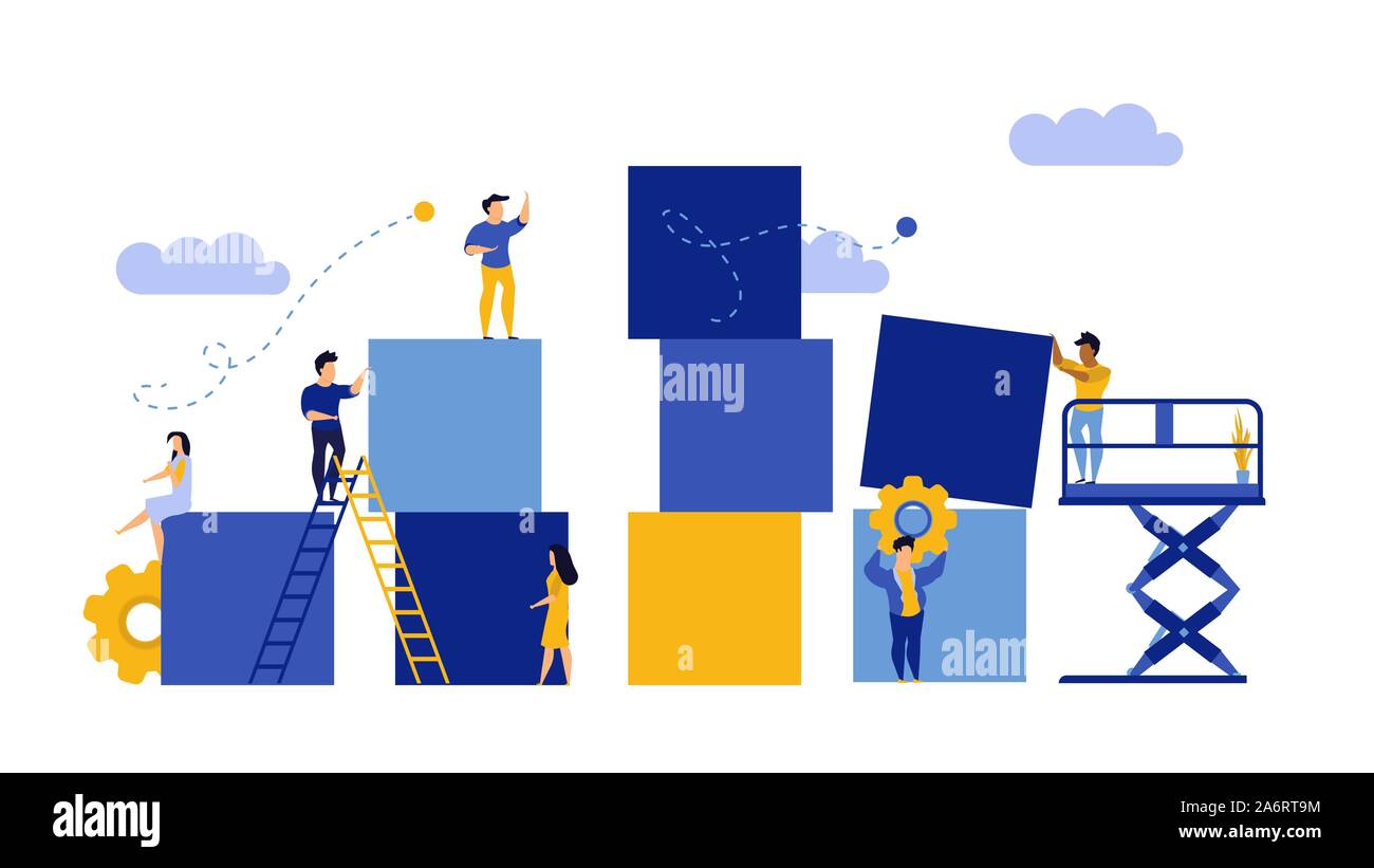 Advertising puzzle from cube block vector flat illustration. Analytics ...