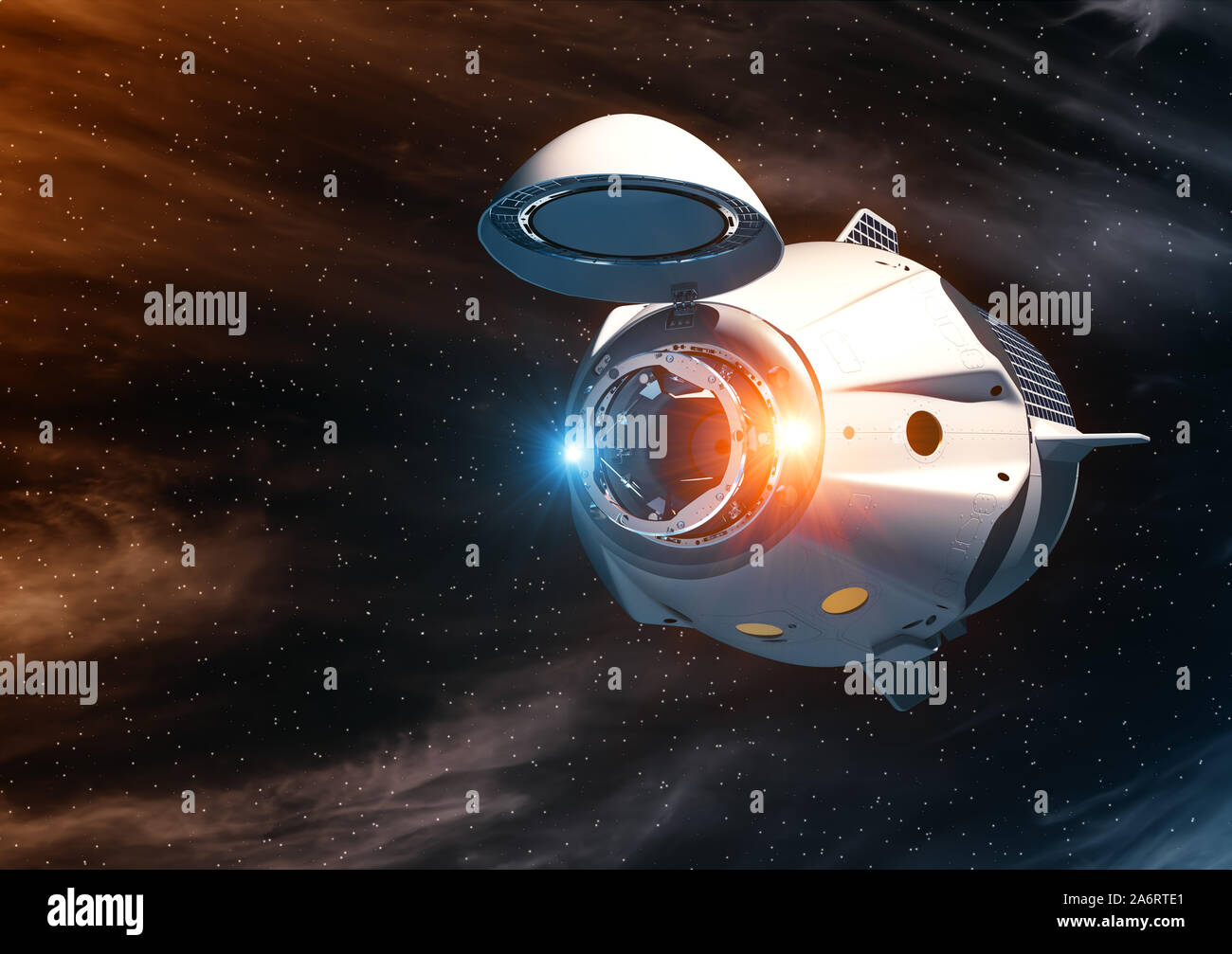 Commercial Spacecraft With Open Docking Hatch In Outer Space. 3D ...