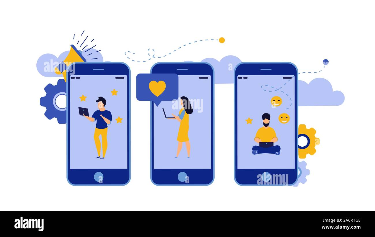 Employer business mobile screen illustration. Man and woman talk chat ...