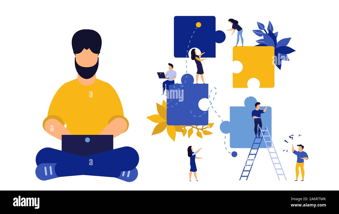 Partnership puzzle vector person business illustration teamwork concept. Piece team cooperation ...