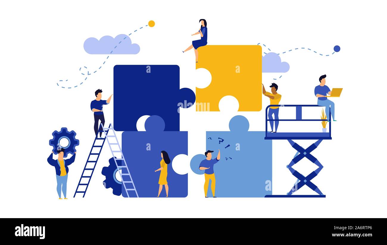 Business team work building puzzle concept vector illustration. People ...