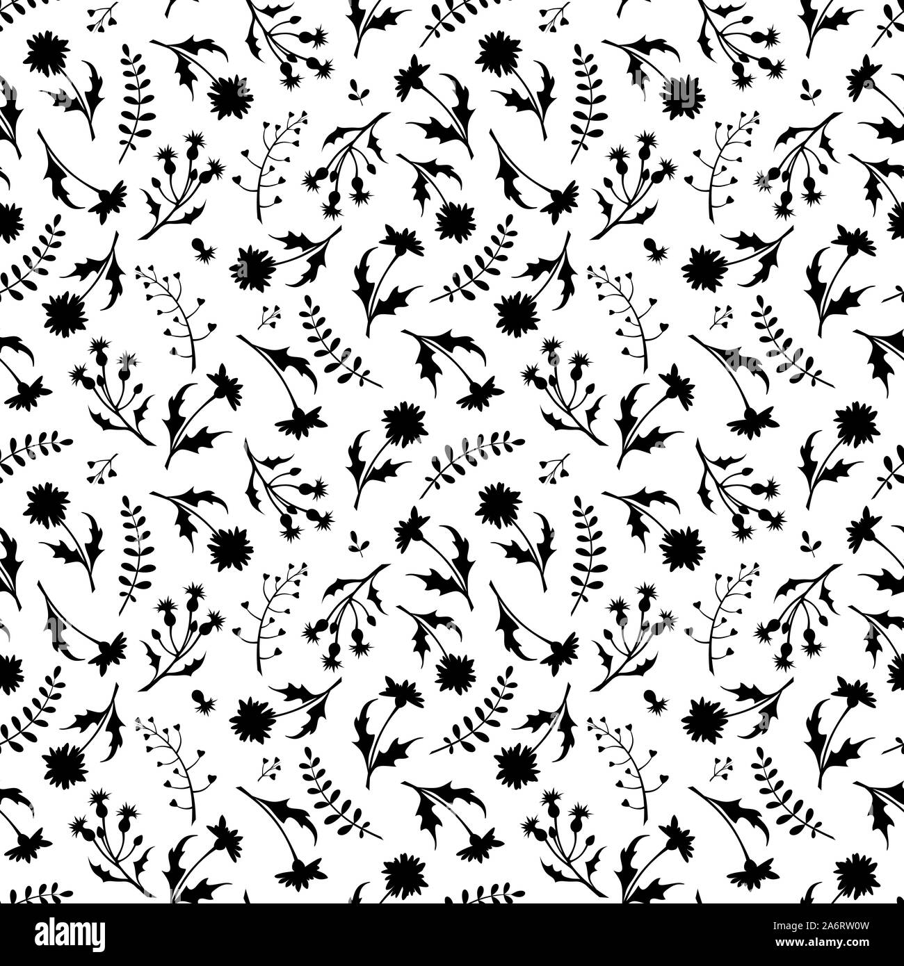 Vector seamless black and white floral pattern with wild flowers Stock ...
