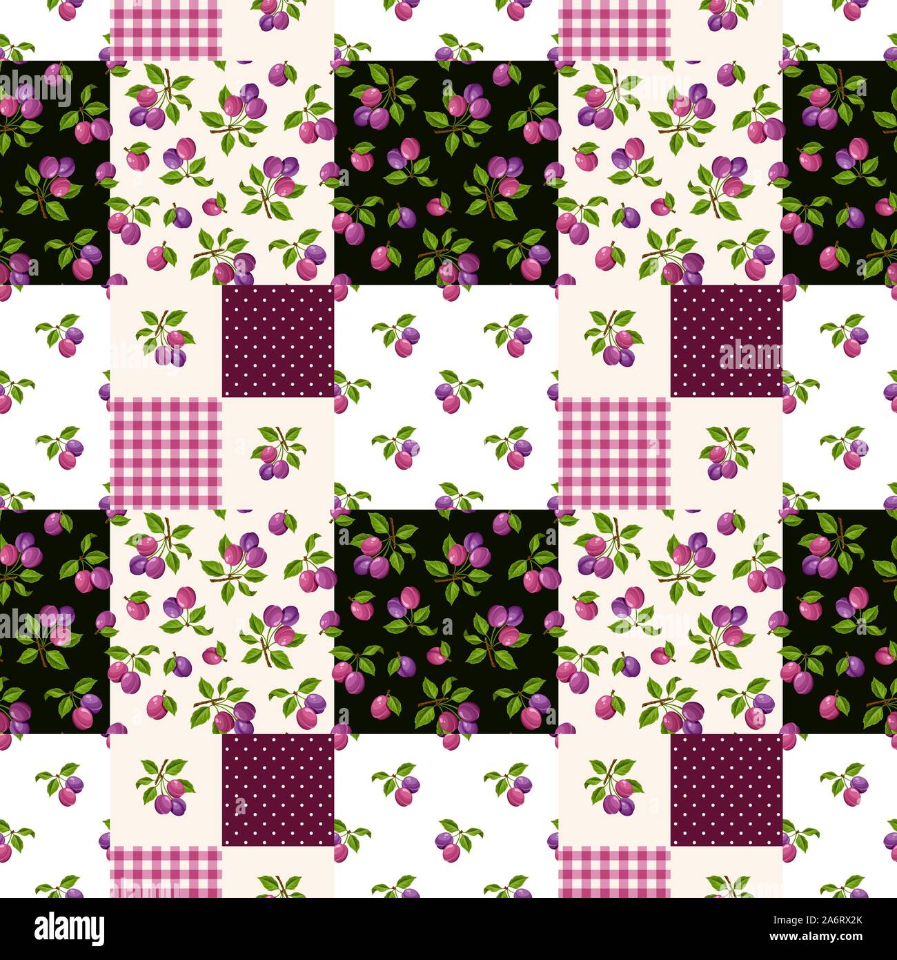 Vector seamless patchwork pattern with plums, gingham and polka dot ...