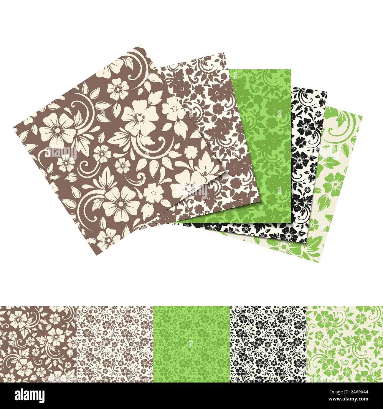 Vector set of five green and brown seamless floral patterns Stock ...