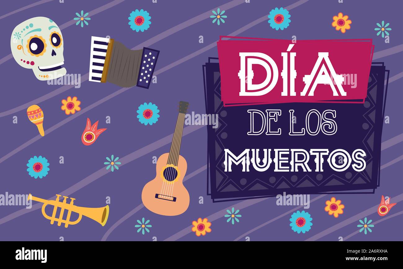 dia de los muertos card with head skull and musical instruments Stock ...