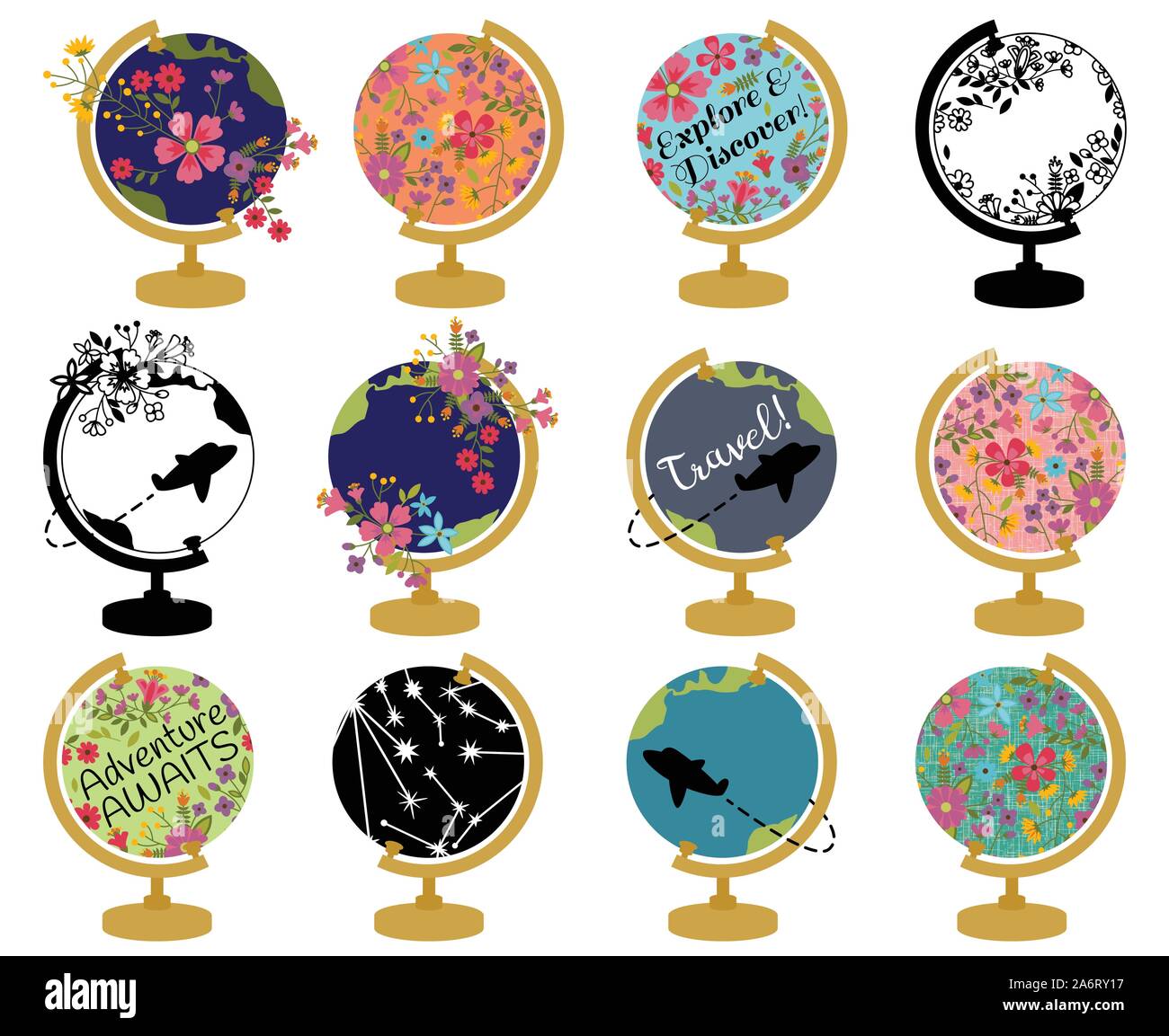 Vector Set of Vintage Globe with Retro and Floral Themes Stock Vector ...