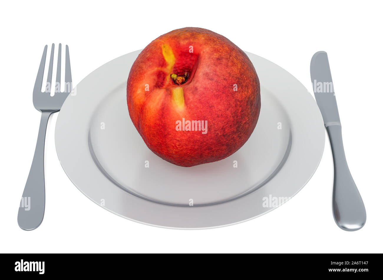 Peach on plate with fork and knife, 3D rendering isolated on white ...