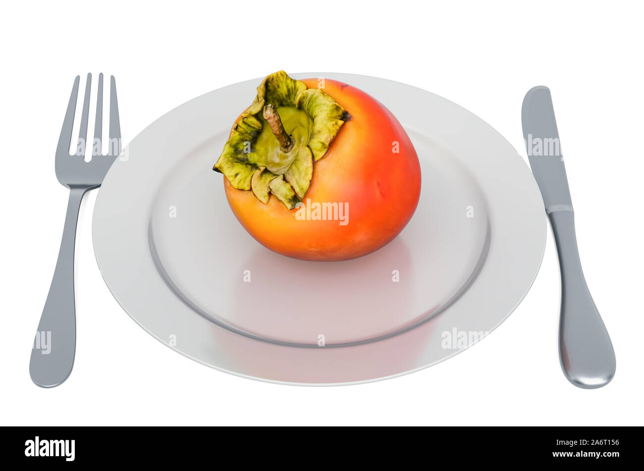 Persimmon on plate with fork and knife, 3D rendering isolated on white ...