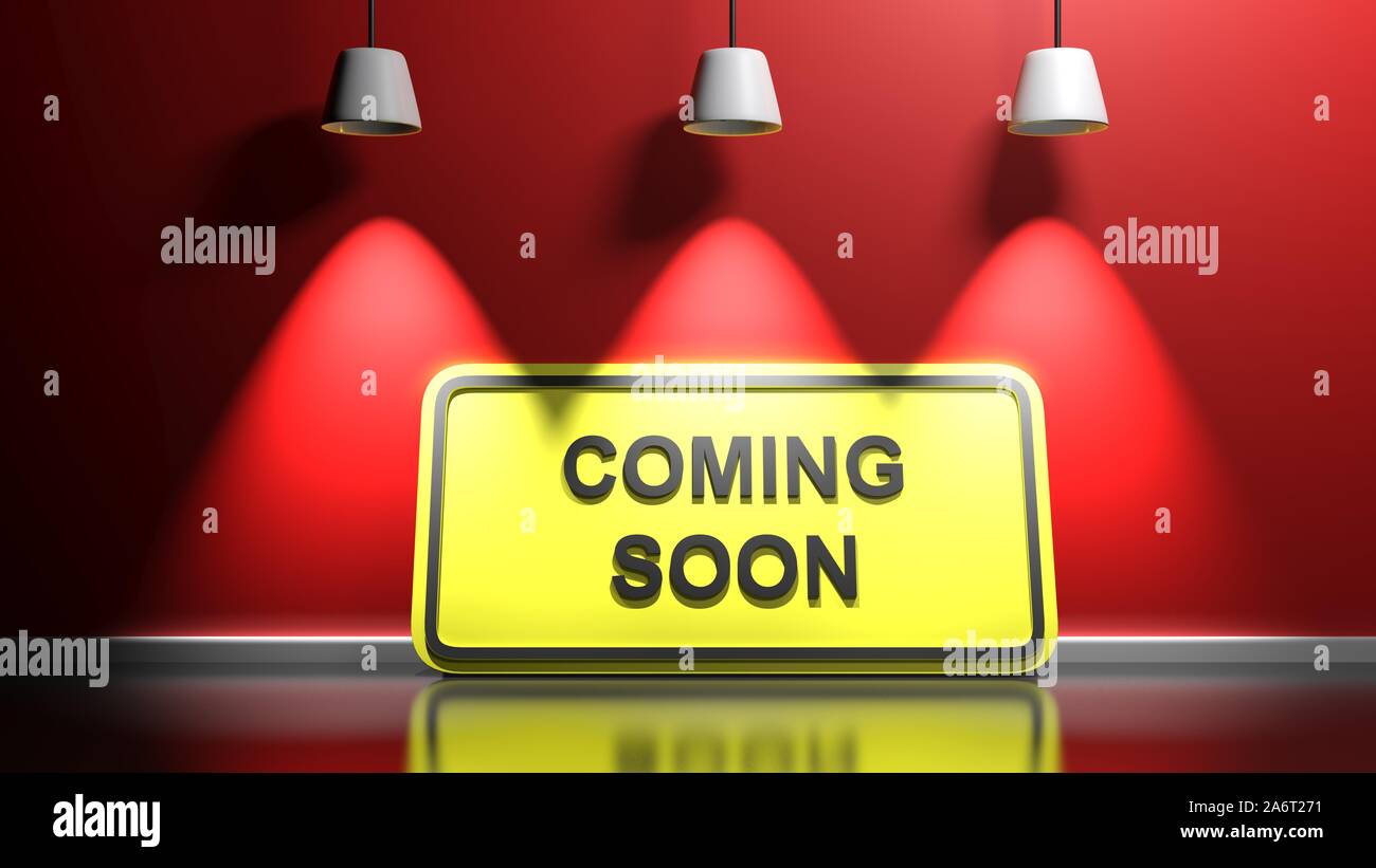 Cooming Soon Yellow Sign Board At Red Wall 3d Rendering Illustration