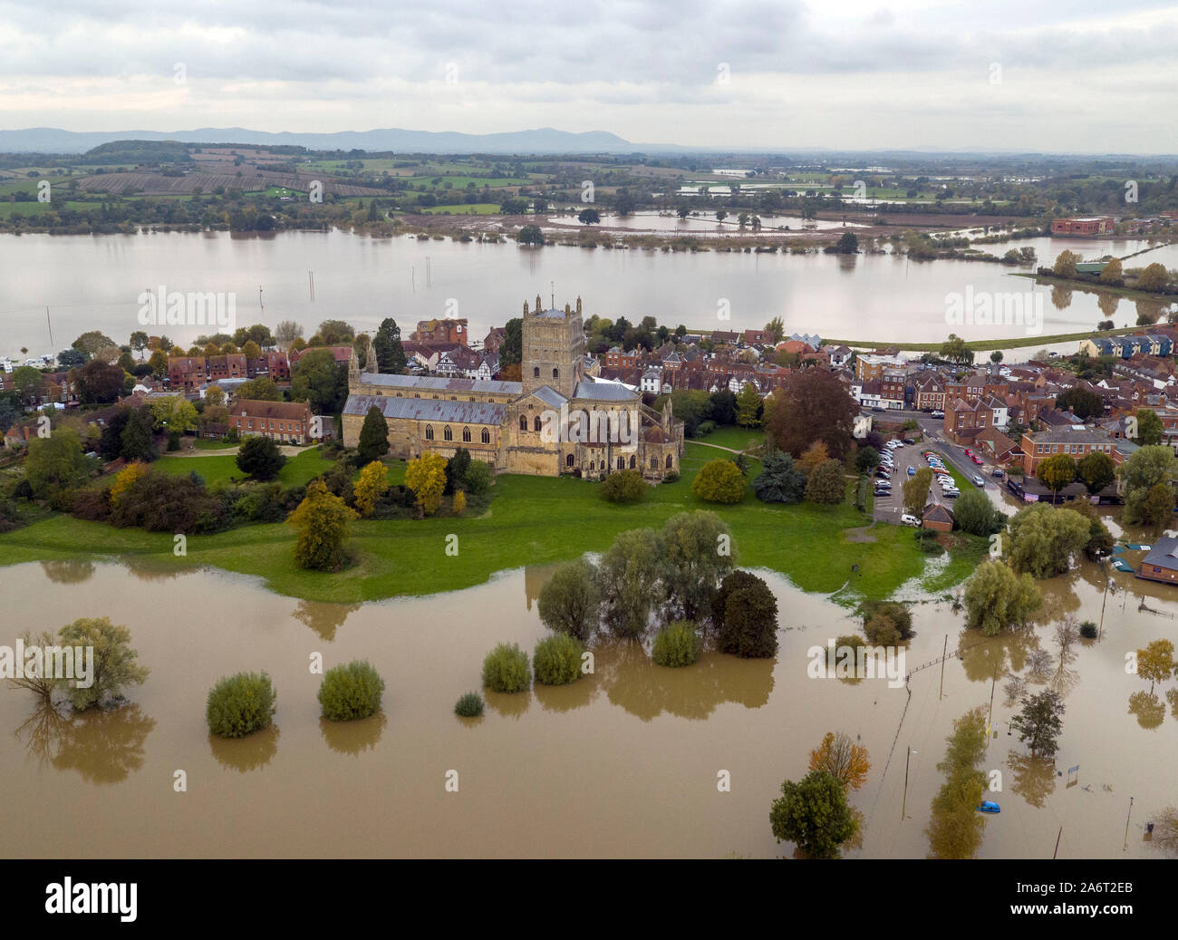 An aerial view of flooding around Tewkesbury Abbey, in Tewkesbury ...
