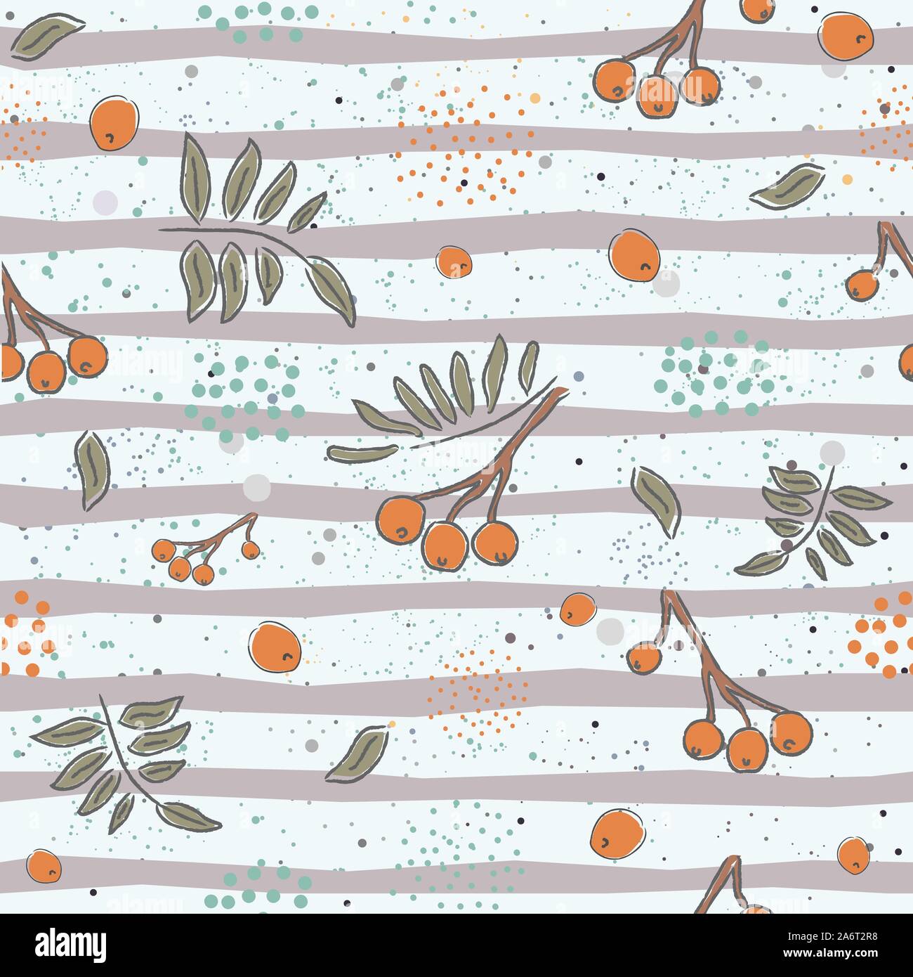 Cute Pattern with hand drawn berries of rowan and pastel brown stripes ...