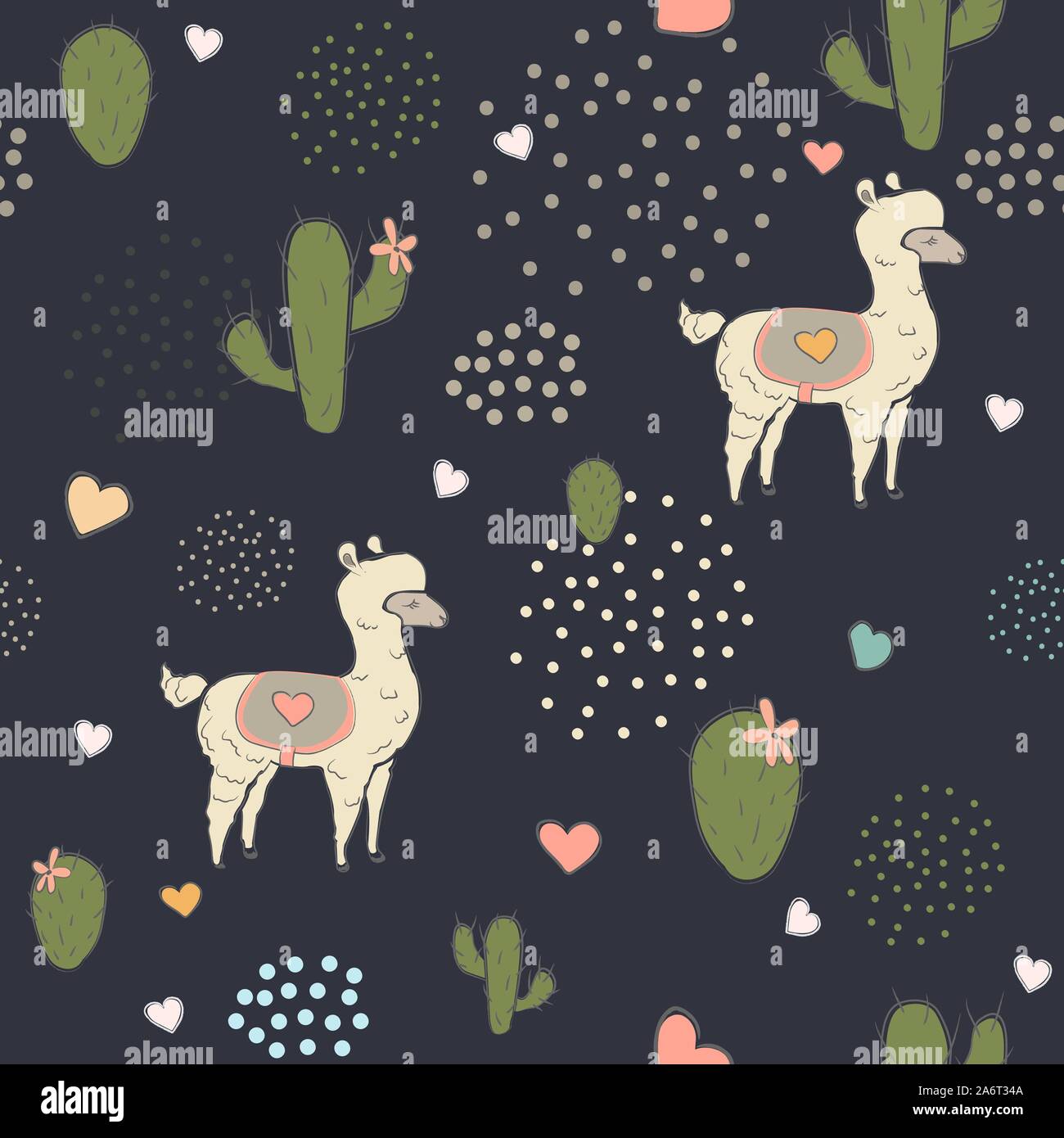 Seamless Alpaca Pattern with cacti, hearts and dots on dark background ...