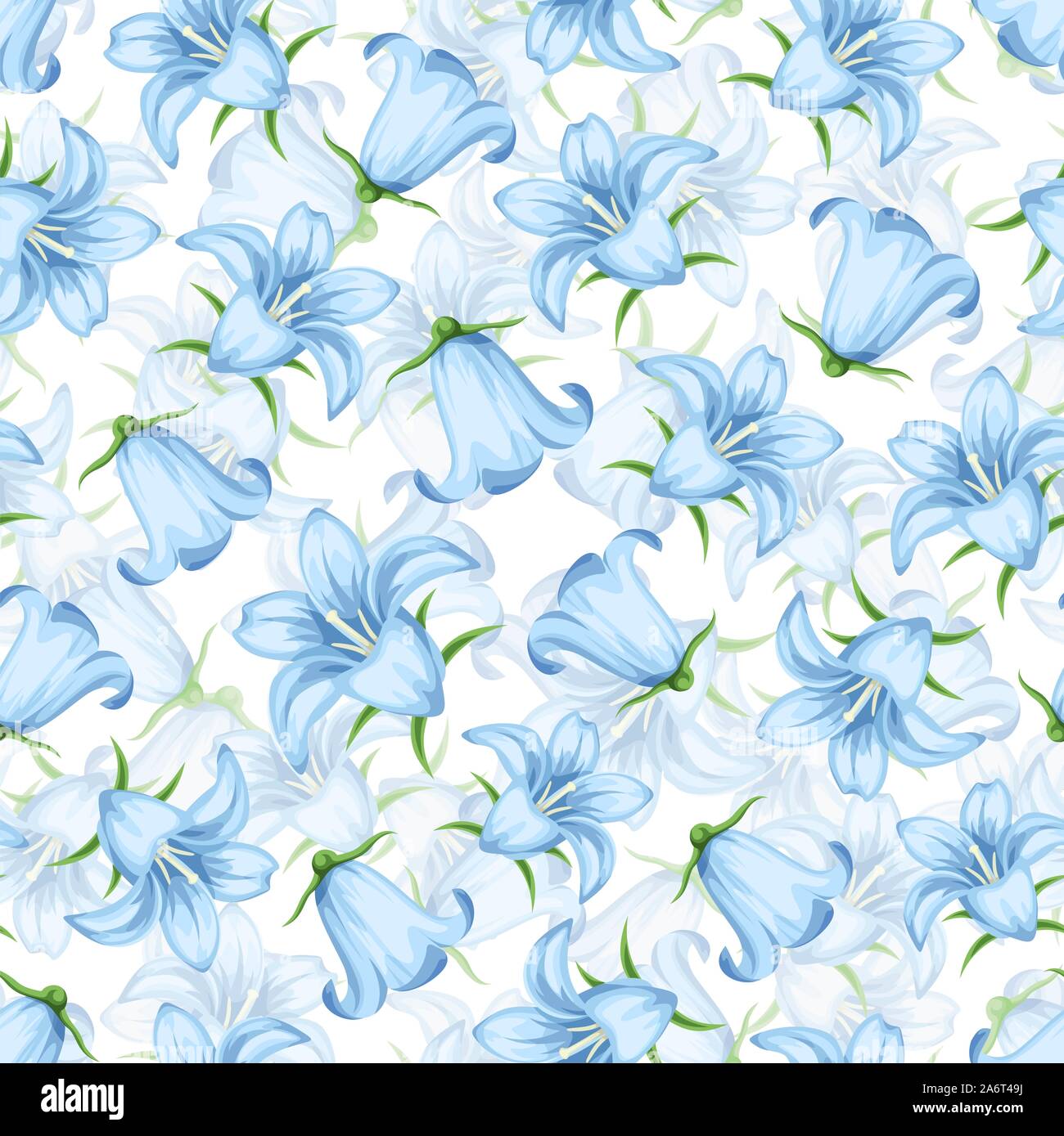 Vector seamless pattern with blue bluebell flowers on a white ...
