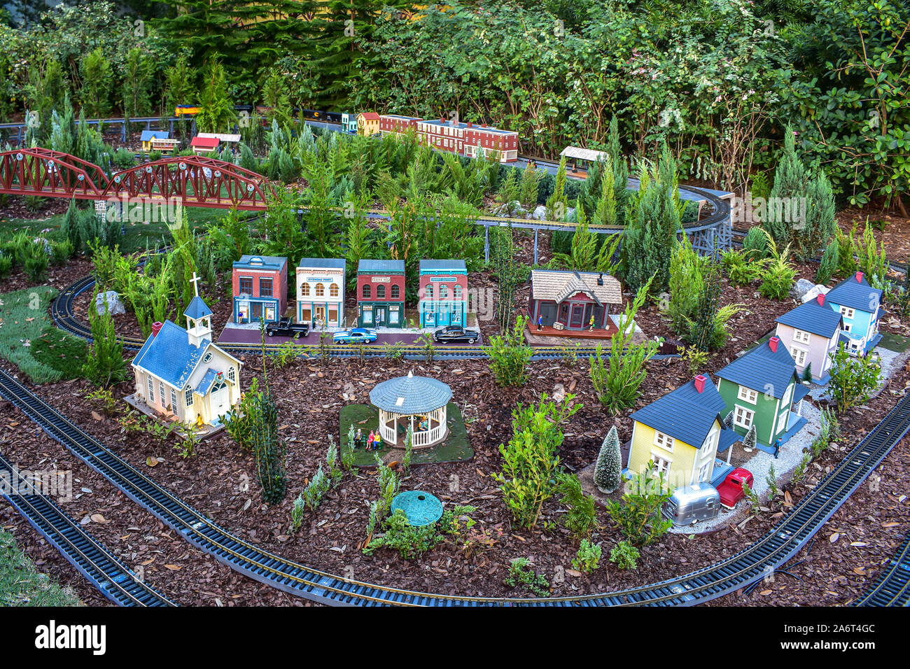 Orlando, Florida. December 25, 2018. Colorful Miniature train on forest ...