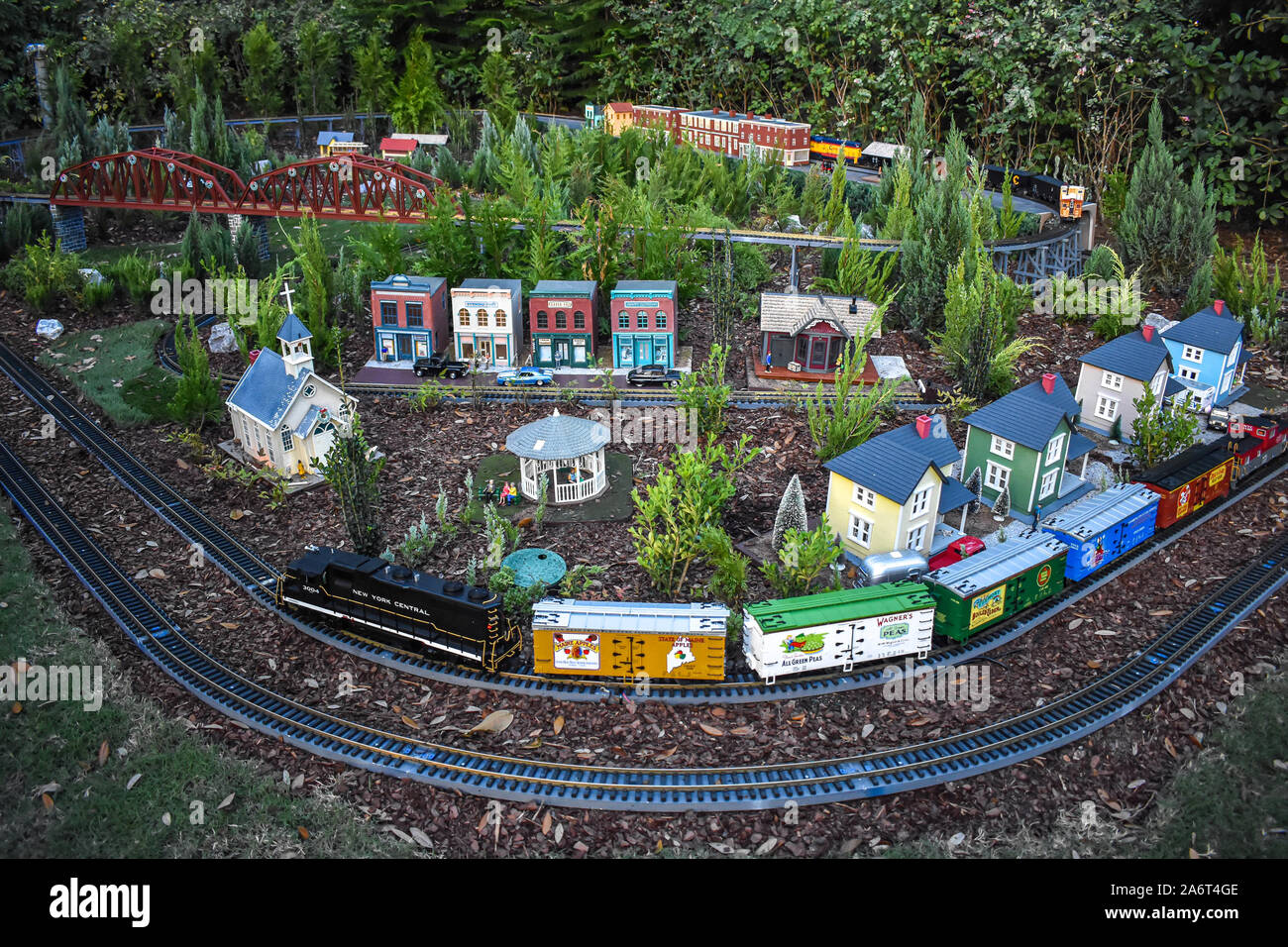 Orlando, Florida. December 25, 2018. Colorful Miniature train on forest ...