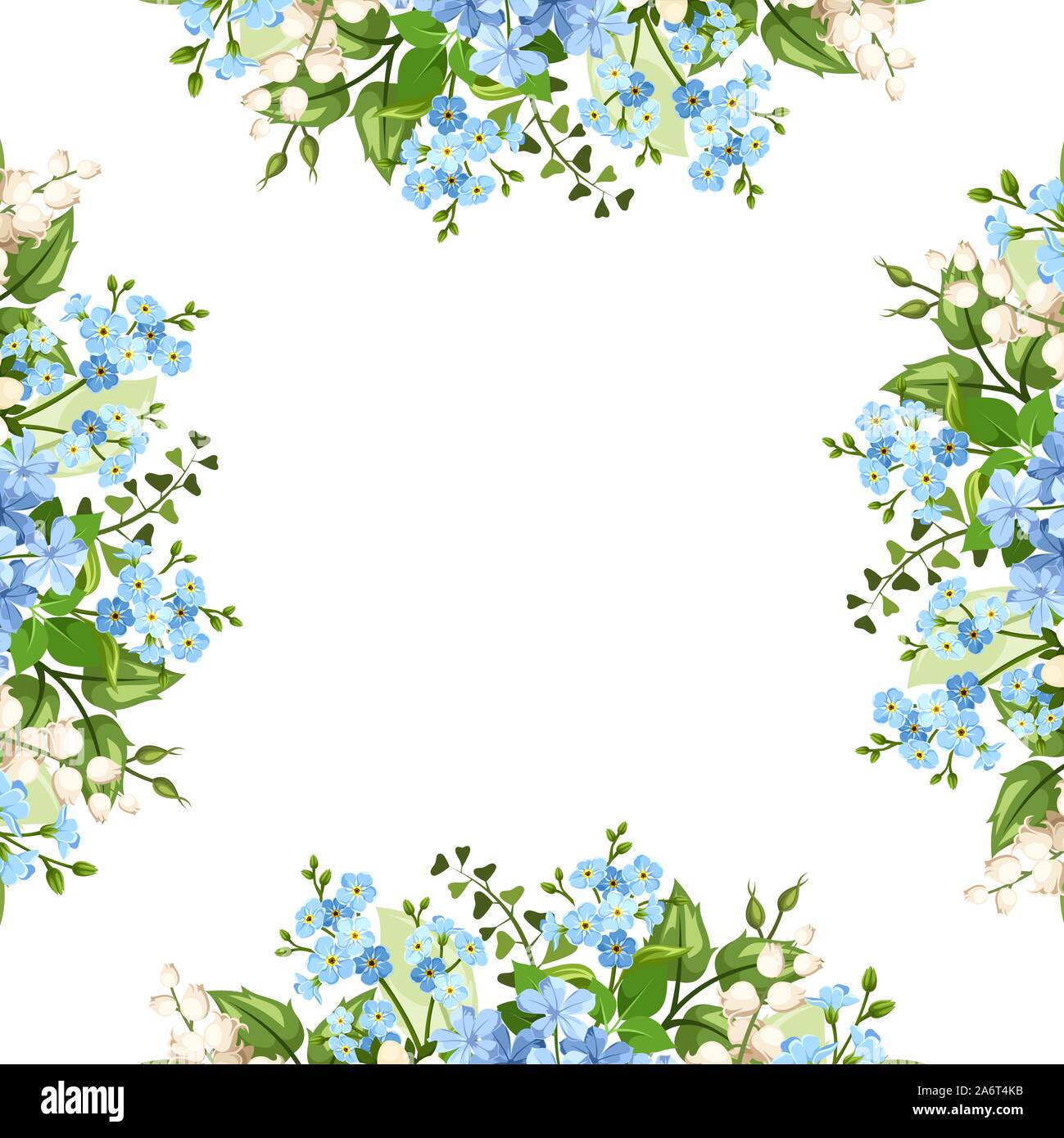 Vector background frame with blue and white forget-me-not, lily of the ...