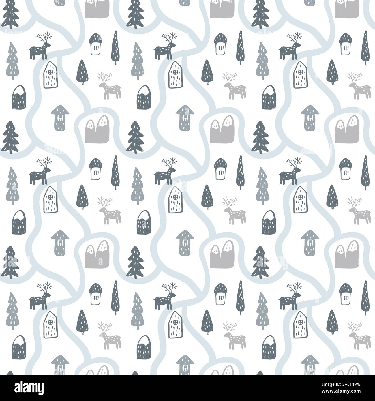 Cartoon winter Christmas map seamless pattern. Vector landscape with ...