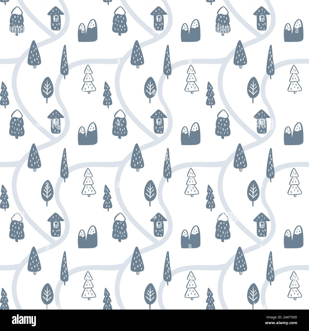 Cartoon winter Christmas map seamless pattern. Vector landscape with ...