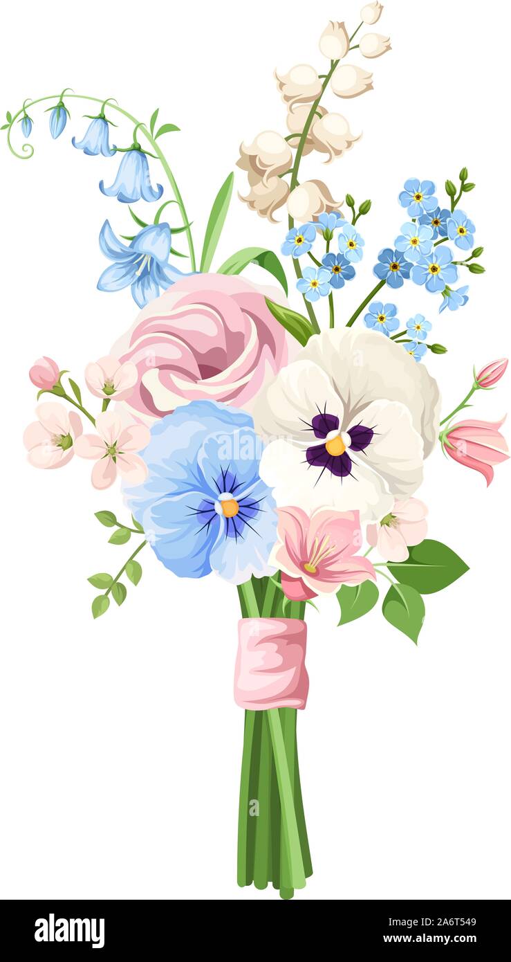 Vector bouquet of pink, blue and white spring flowers isolated on a ...
