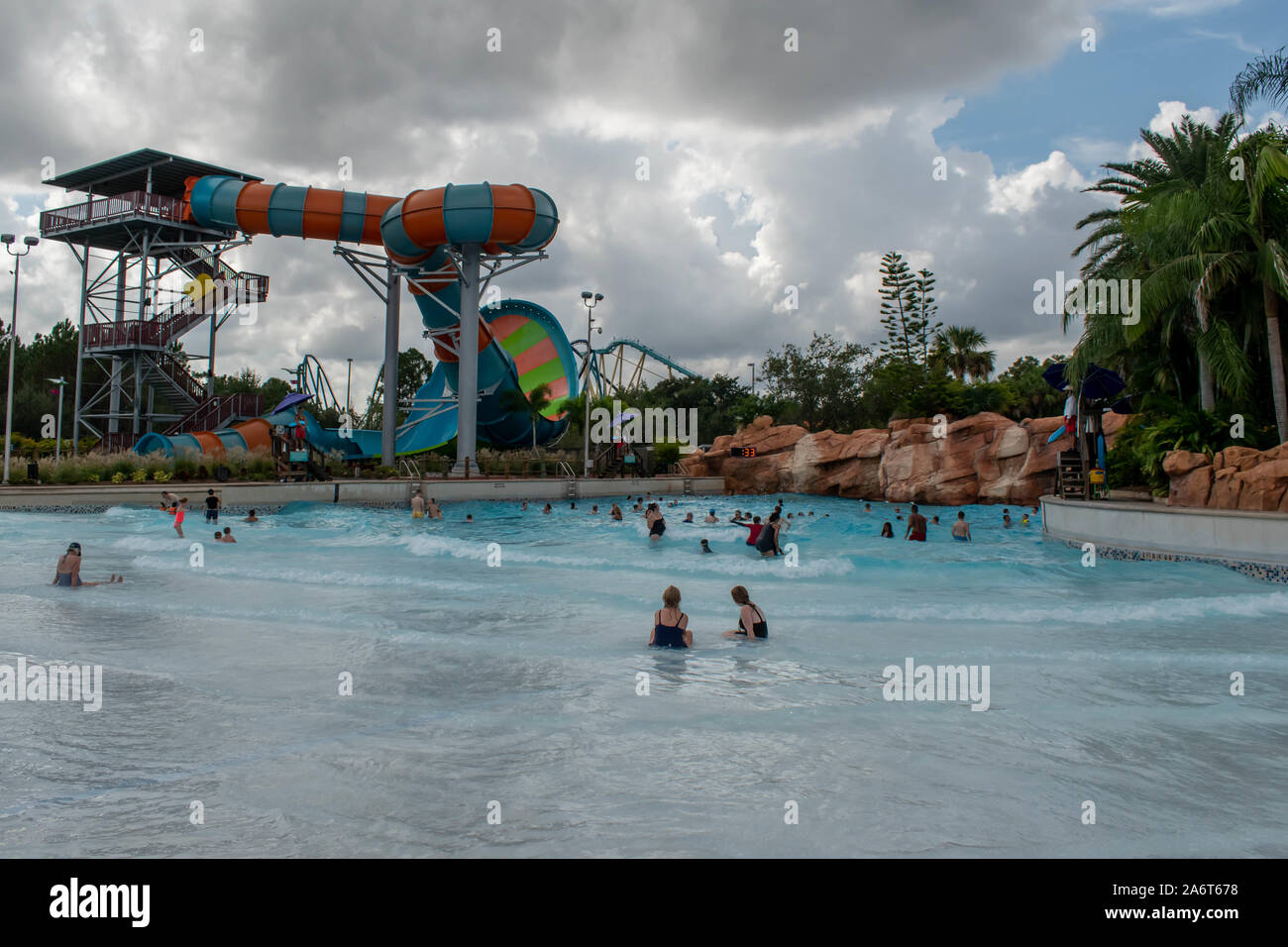 Orlando, Florida. October 24, 2019. People enjoying pool with waves at ...