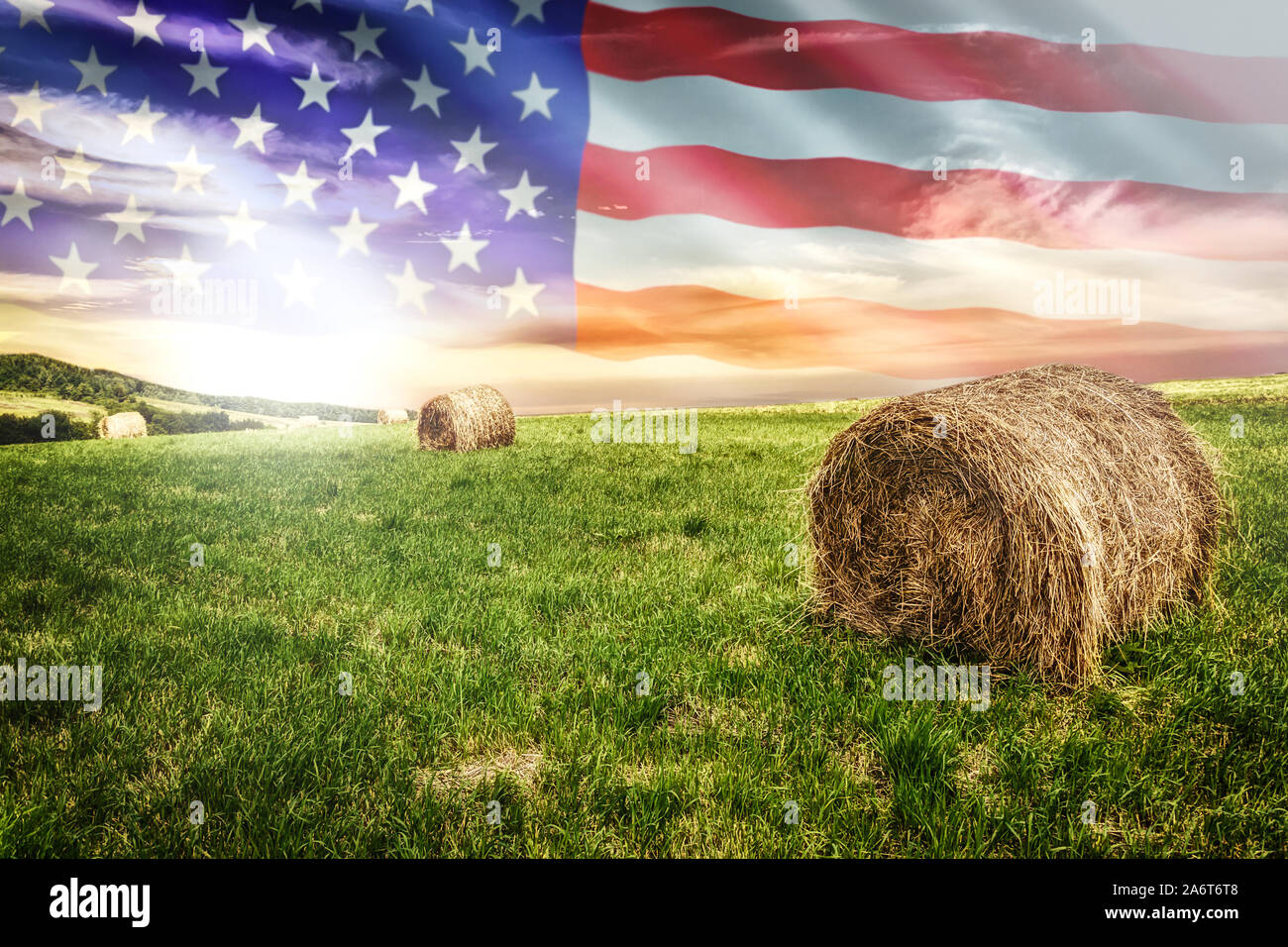 National agricultural industry concept - idyllic farm field with hay ...