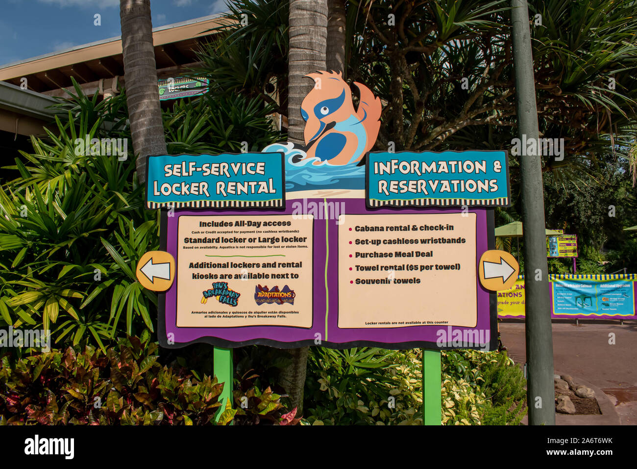 Orlando, Florida. October 24, 2019. Self Service locker rental sign at ...