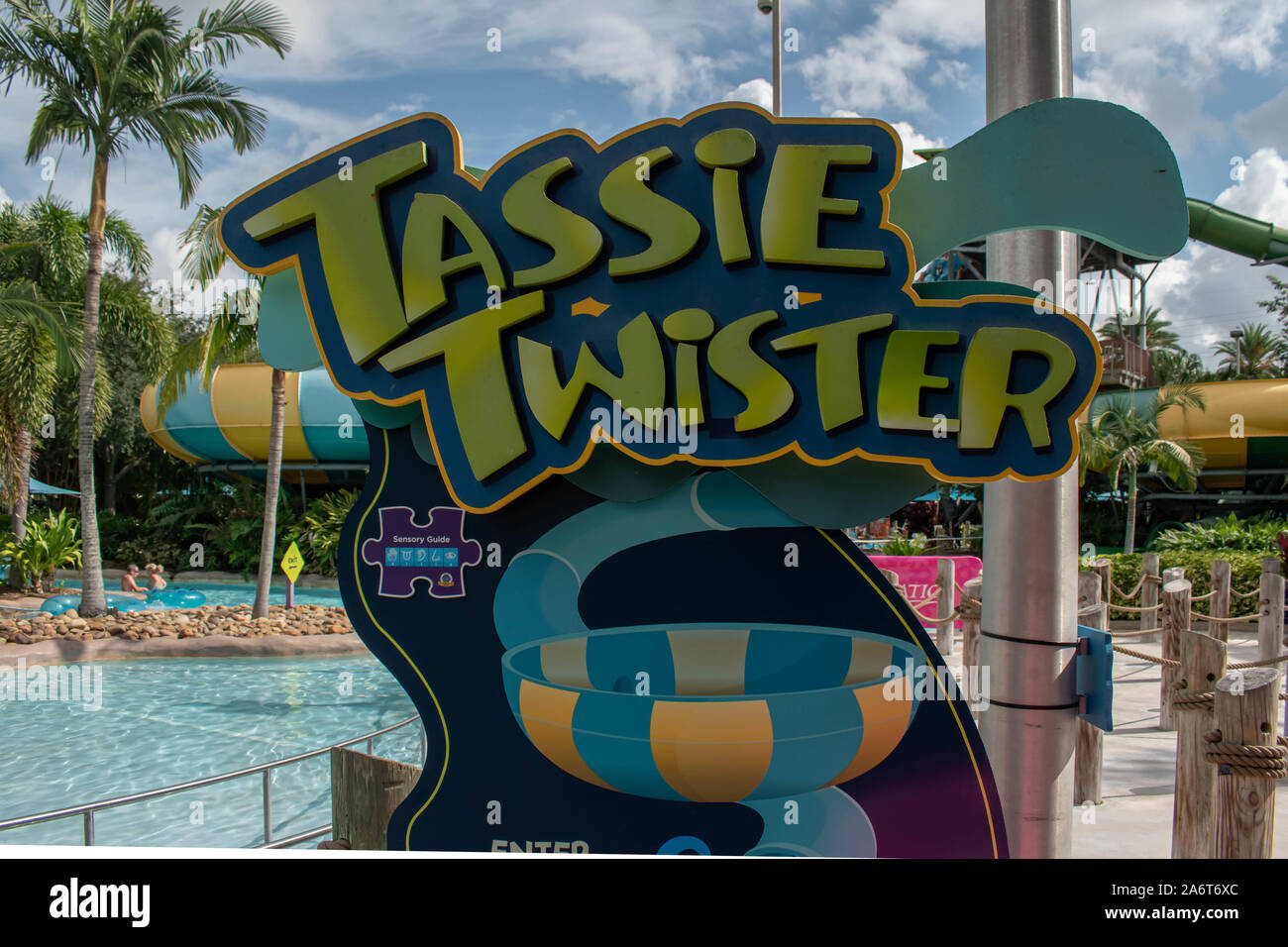 Orlando, Florida. October 24, 2019. Tassie Twister sign at Aquatica ...