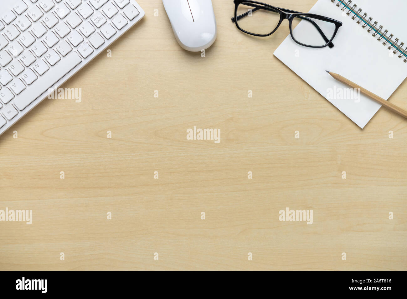 Office desk workspace and table background from top view above flat lay ...
