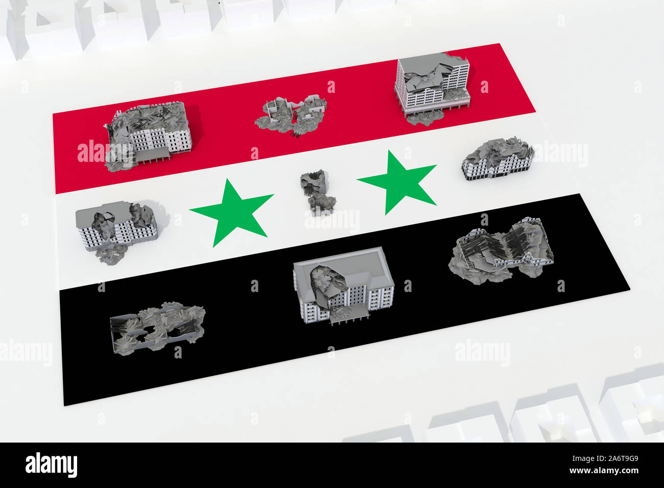 destroyed buildings on flag of country Syria. 3d rendering Stock Photo ...