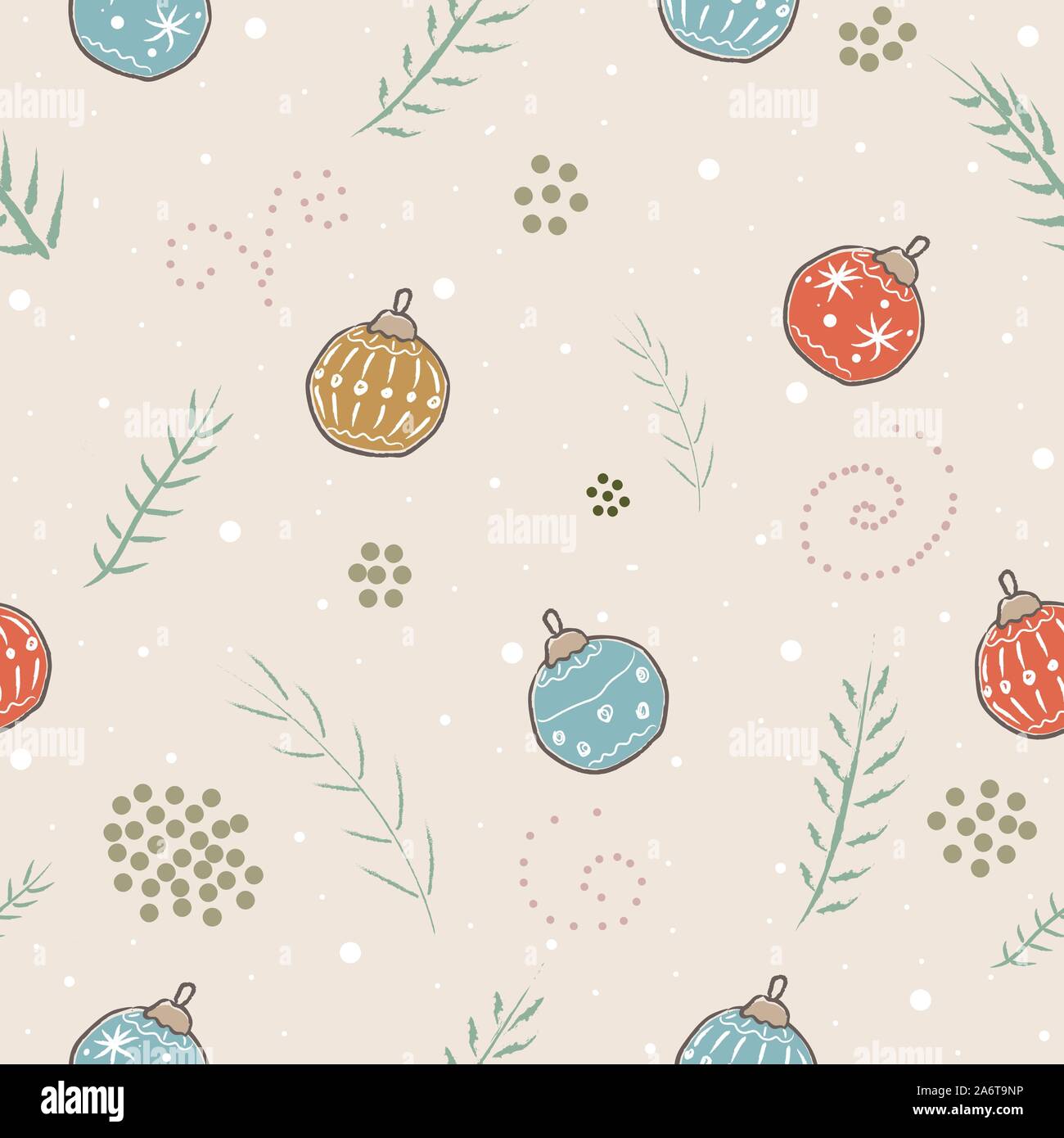 Winter Seamless Pattern with festive ornaments and branches of spruce ...