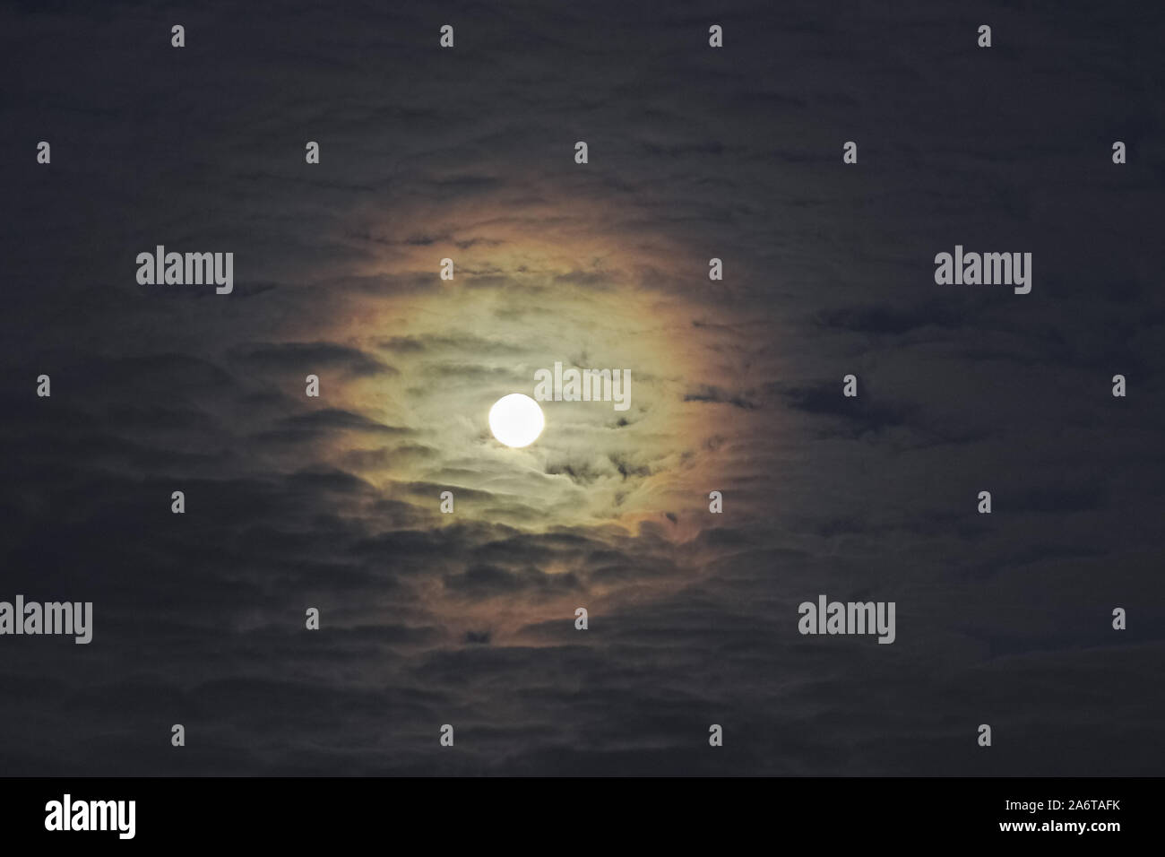 Full moon with altocumulus clouds and colorful corona, also called ...