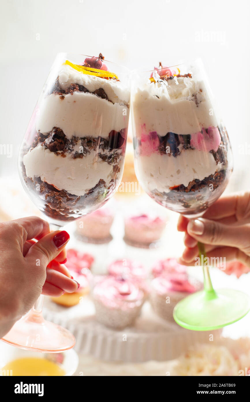 A traditional latvian layered rye bread dessert served in wine glass ...
