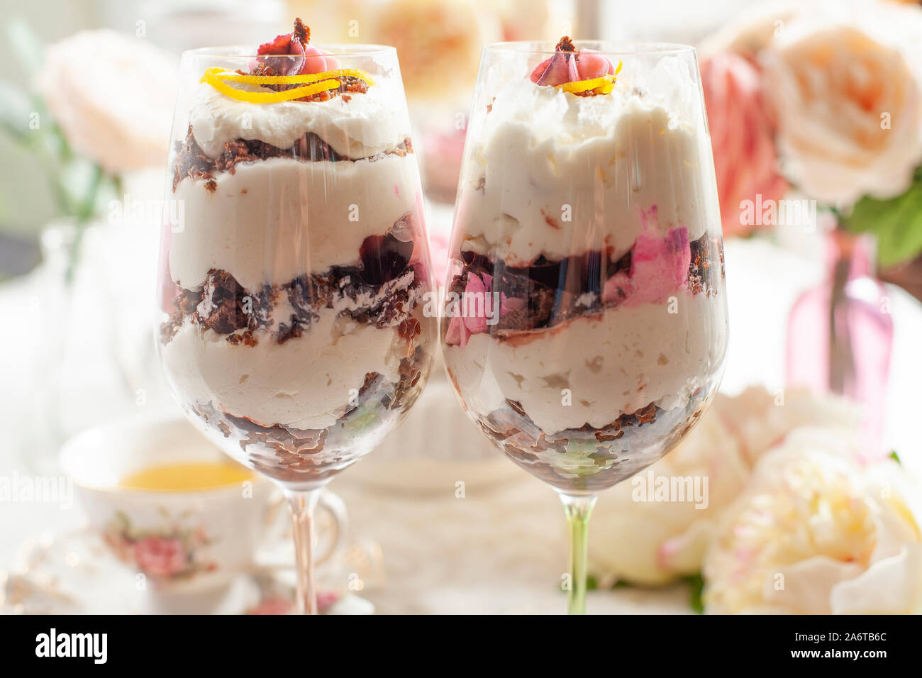 A traditional latvian layered rye bread dessert served in wine glass ...