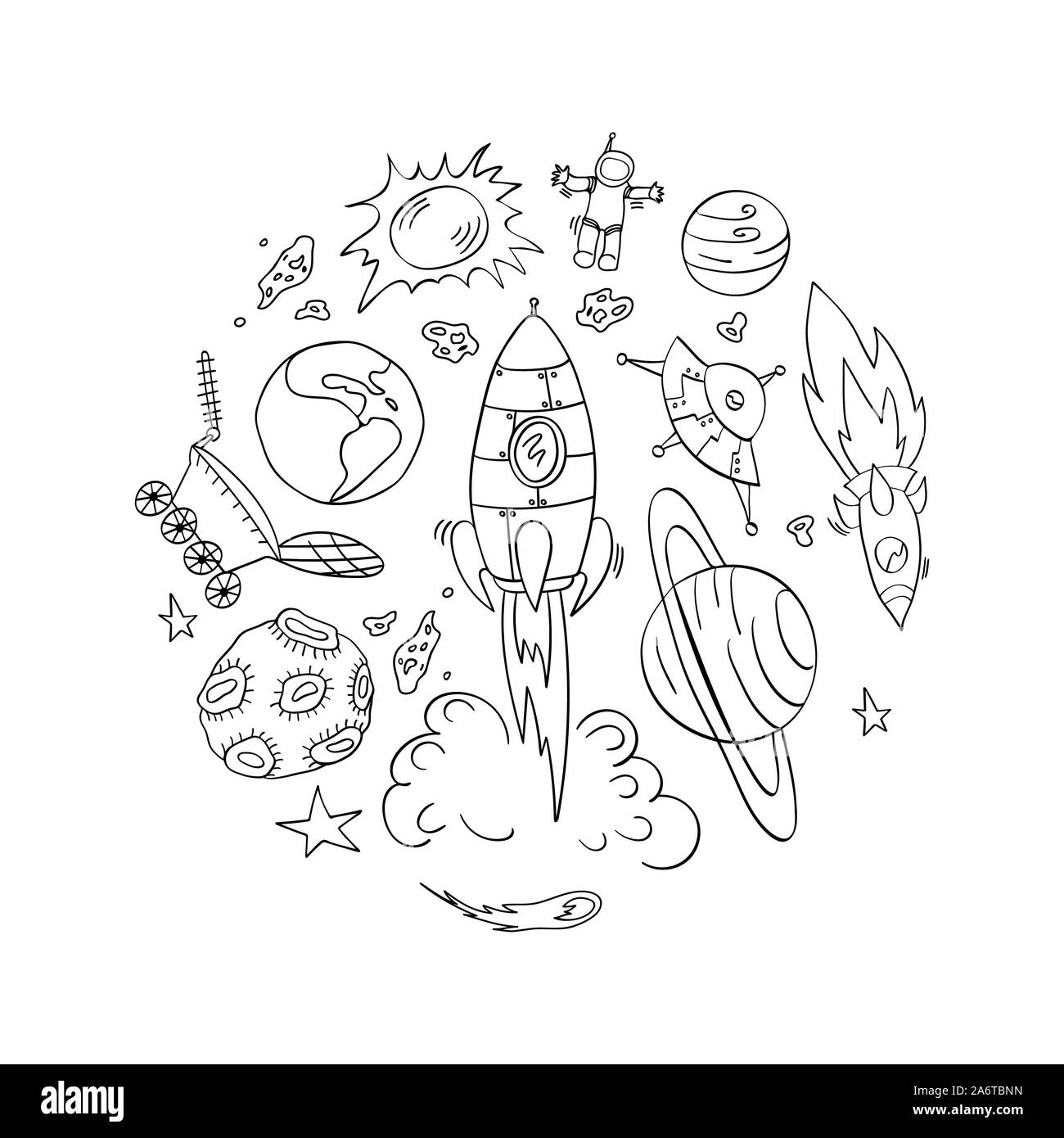 Set of hand drawn cosmic elements. Black doodles in circle shape on ...