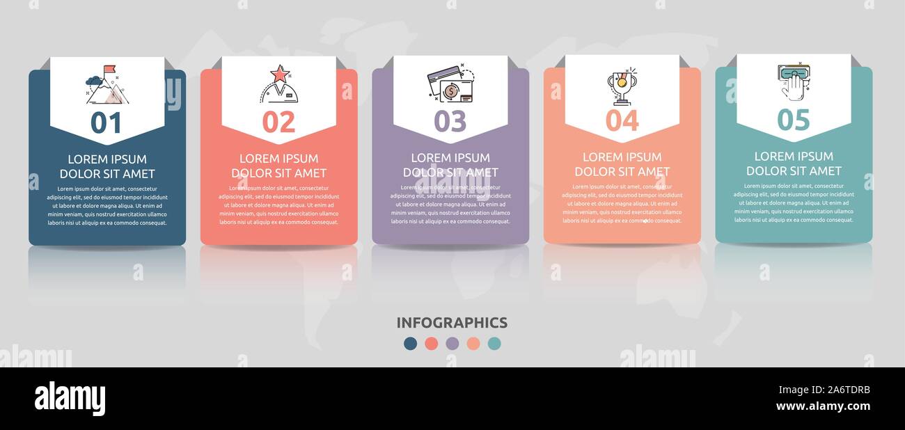 Vector infographic flat template. Rectangles with arrows for five diagrams, graph, flowchart ...