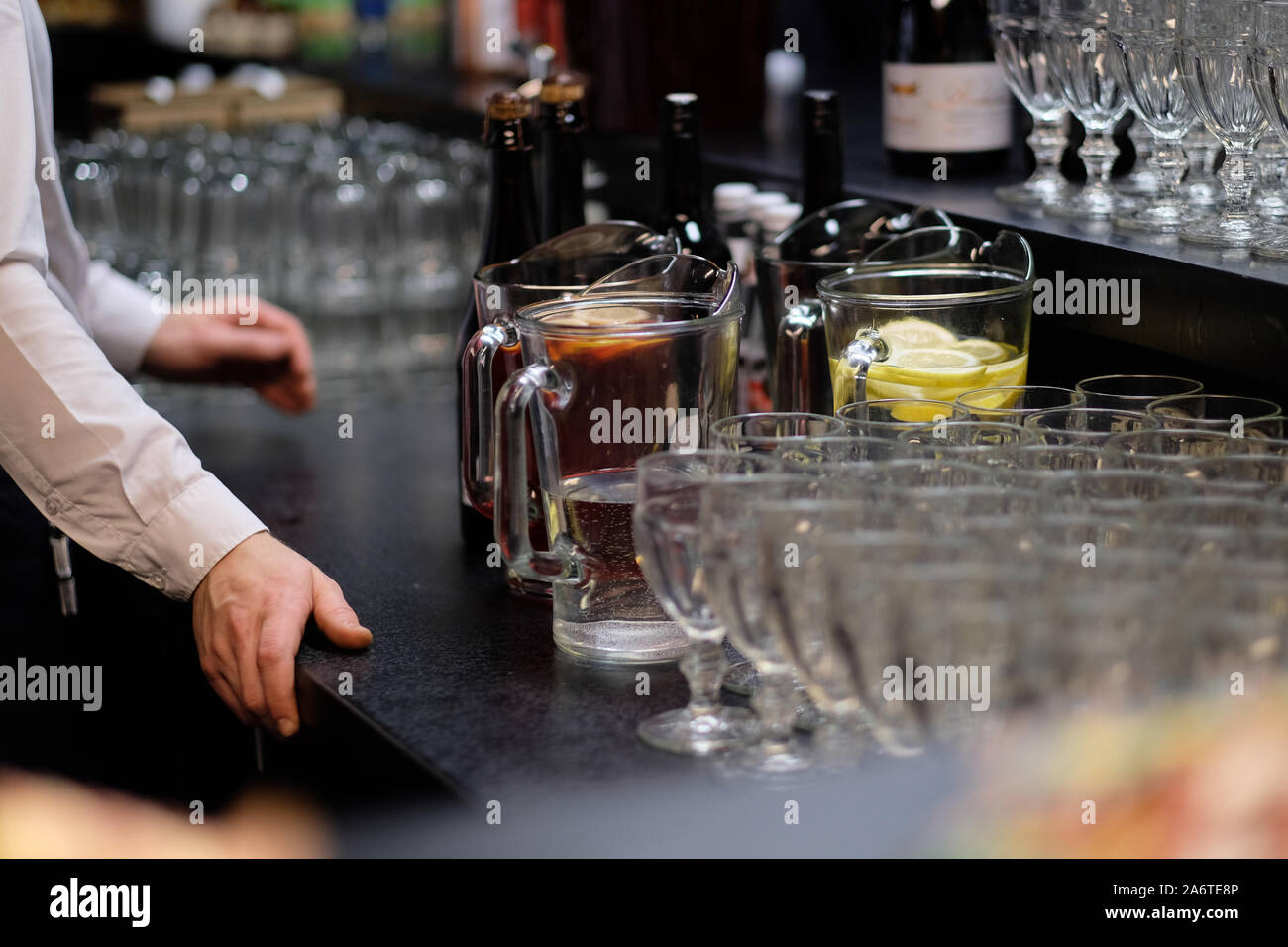 Prepared for a buffet tableware on the bar for soft drinks and wine ...