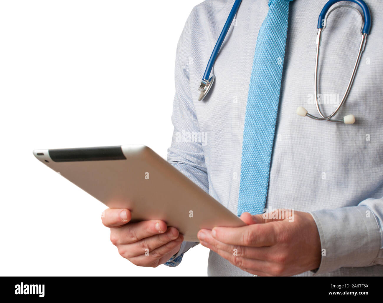 Doctor check patient diagnosis on a tablet isolated on white background ...