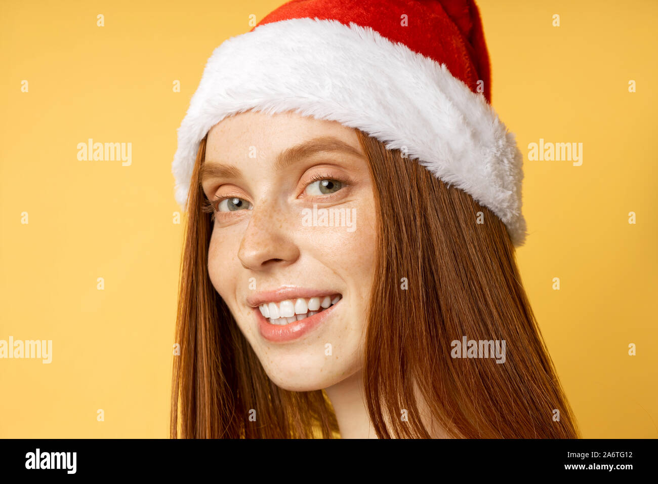 Closeup cropped shot of beautiful caucasian ginger woman with freckled ...