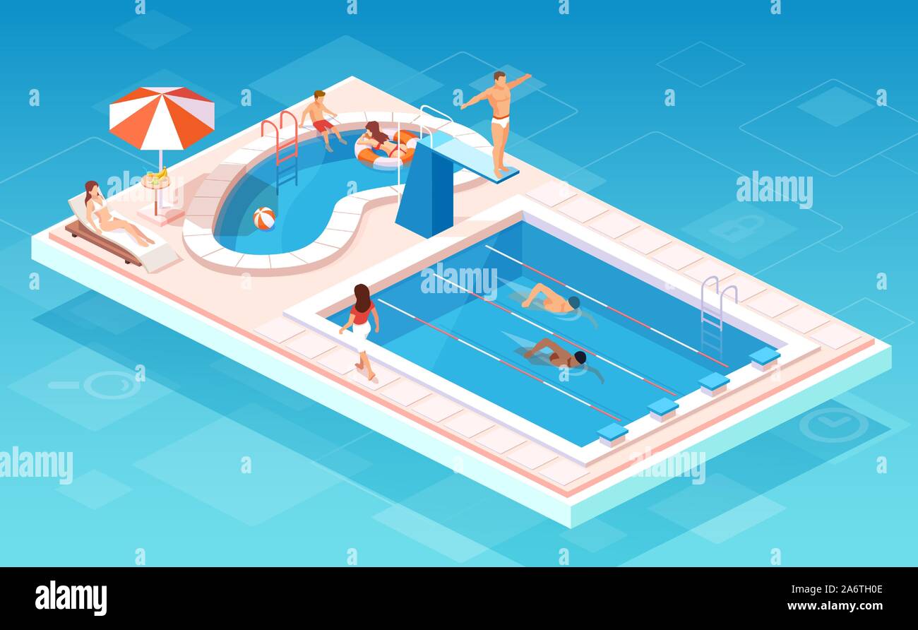 Isometric vector of a swimming pool with swimmers competing, people ...