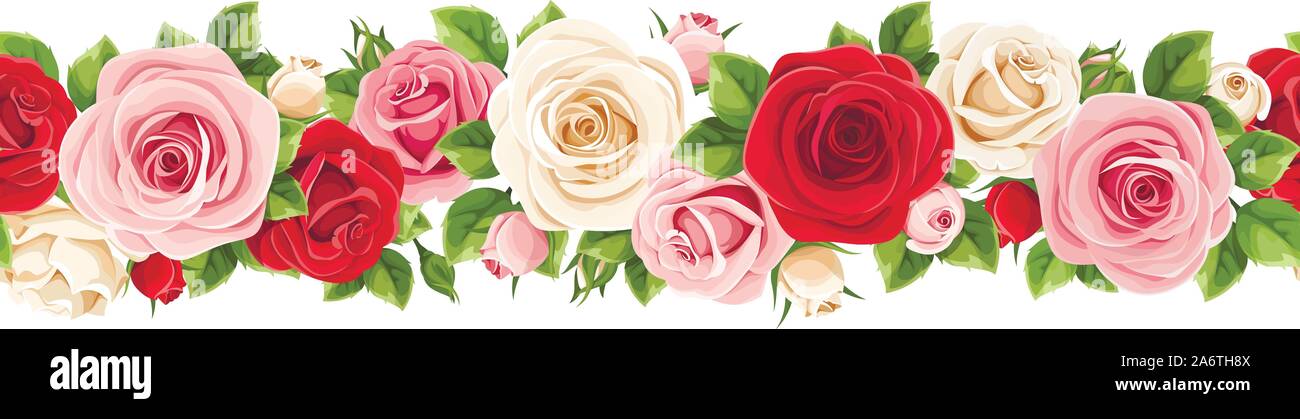 Vector horizontal seamless garland with red, pink and white roses and ...