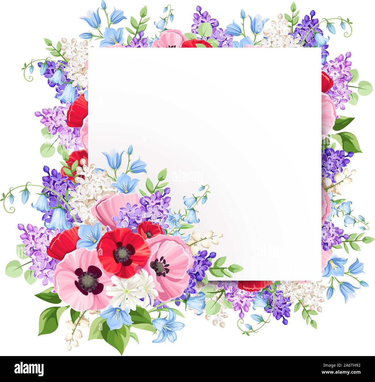 Vector greeting card with red, pink, blue and purple poppies, lilac ...