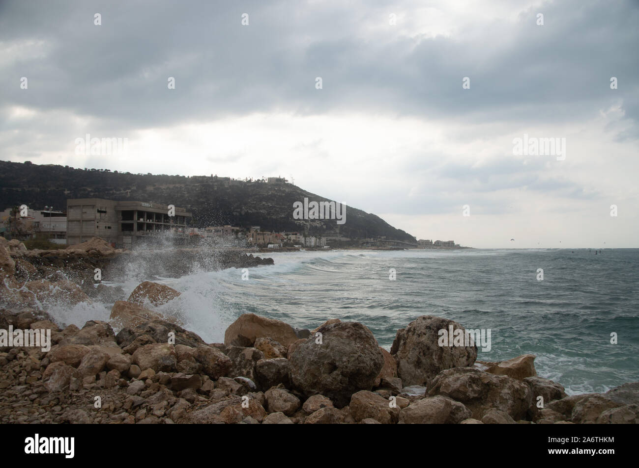 Bat Galim beach in haifa, Israel capturing waves before the storm Stock ...
