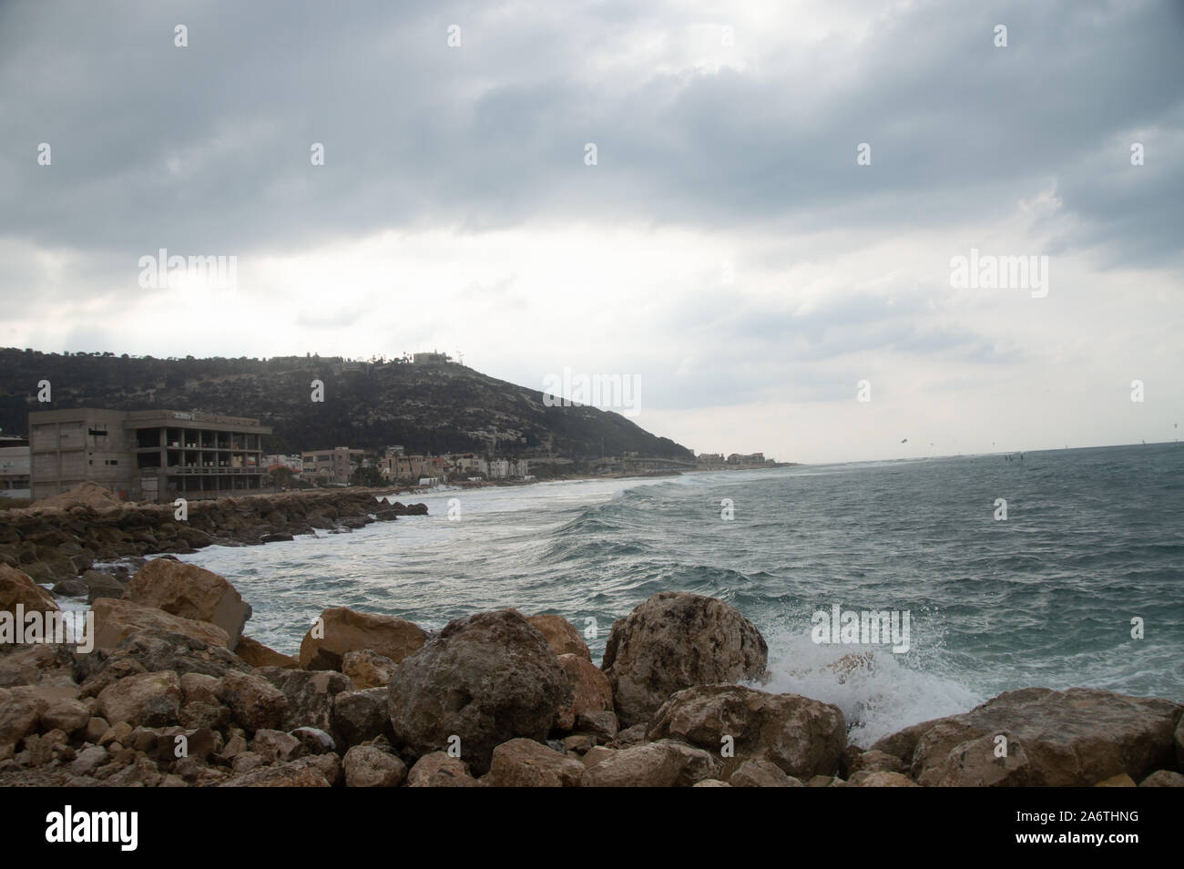 Bat Galim beach in haifa, Israel capturing waves before the storm Stock ...