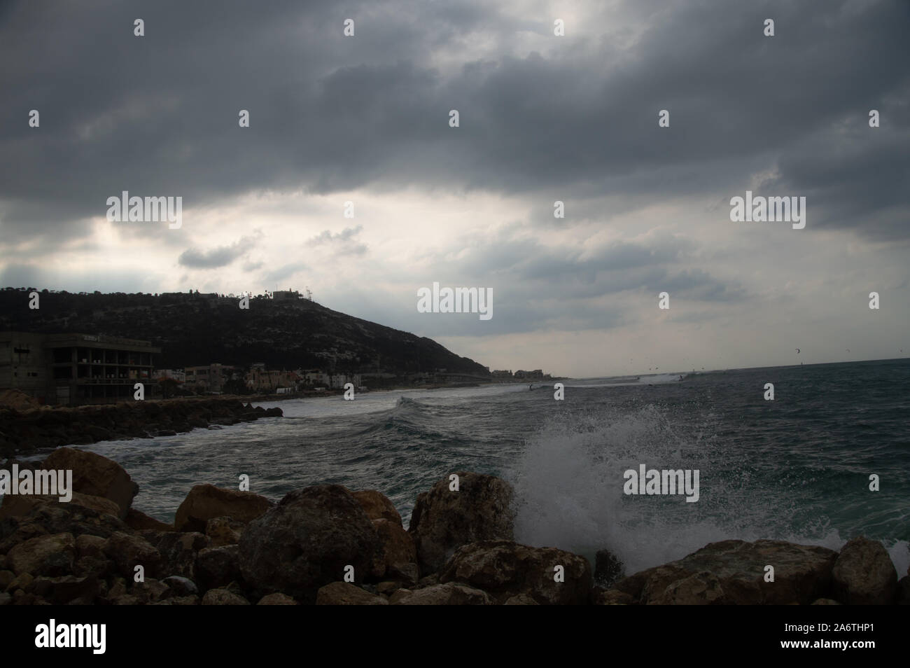 Bat Galim beach in haifa, Israel capturing waves before the storm Stock ...