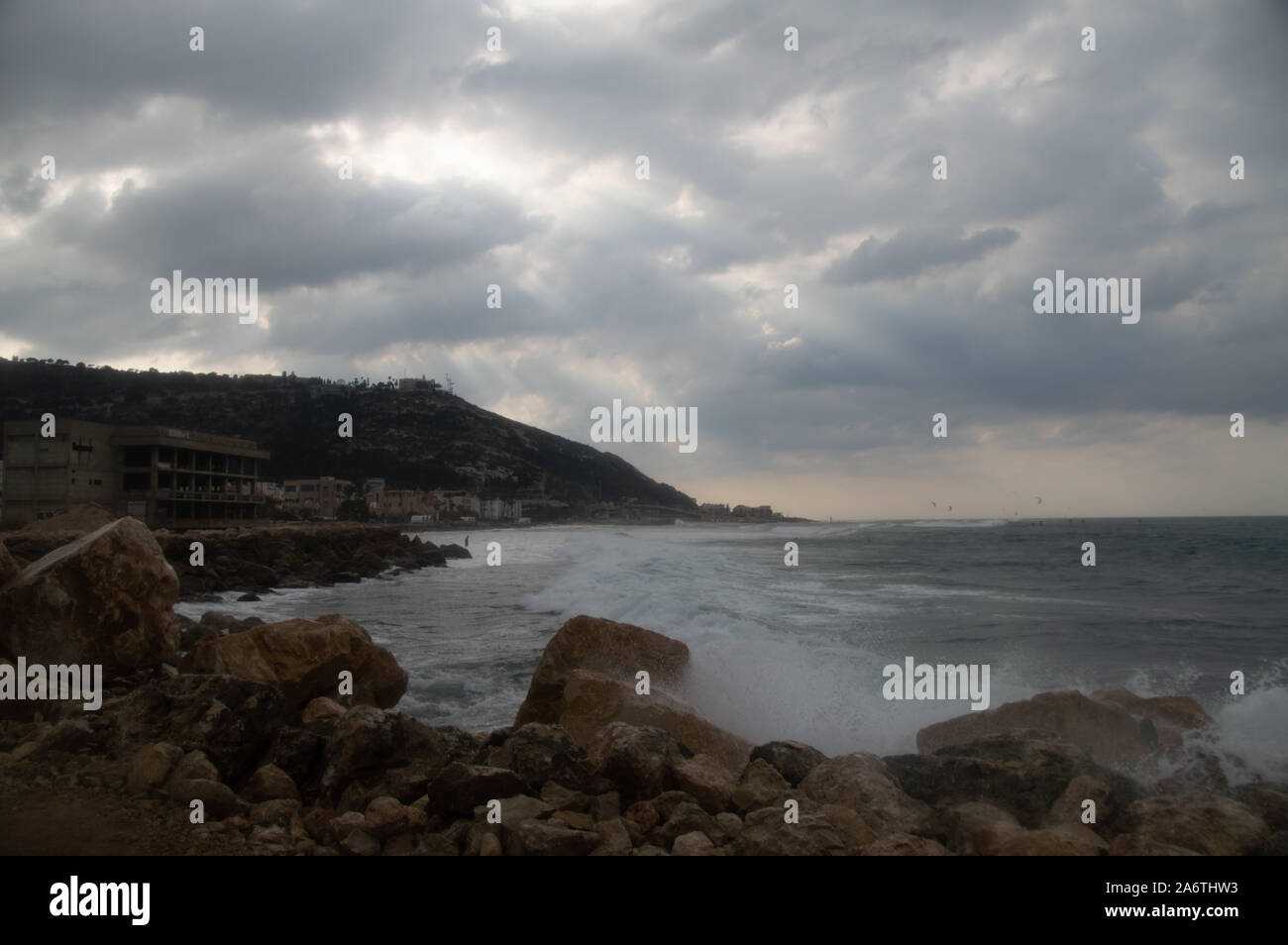 Bat Galim beach in haifa, Israel capturing waves before the storm Stock ...