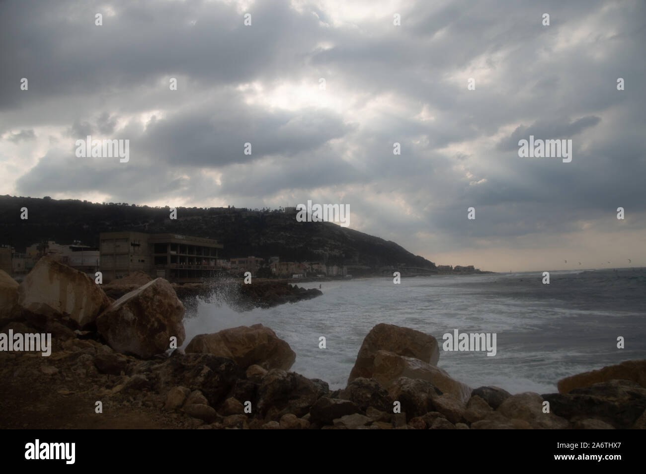 Bat Galim beach in haifa, Israel capturing waves before the storm Stock ...