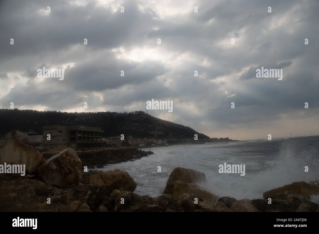 Bat Galim beach in haifa, Israel capturing waves before the storm Stock ...