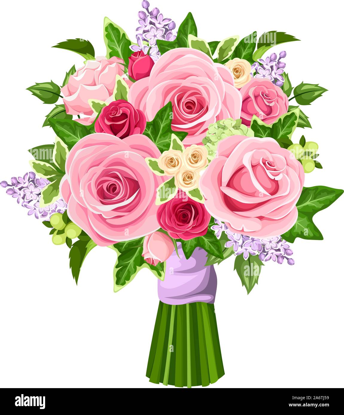 Vector bouquet of red and pink roses, lilac flowers and ivy leaves ...