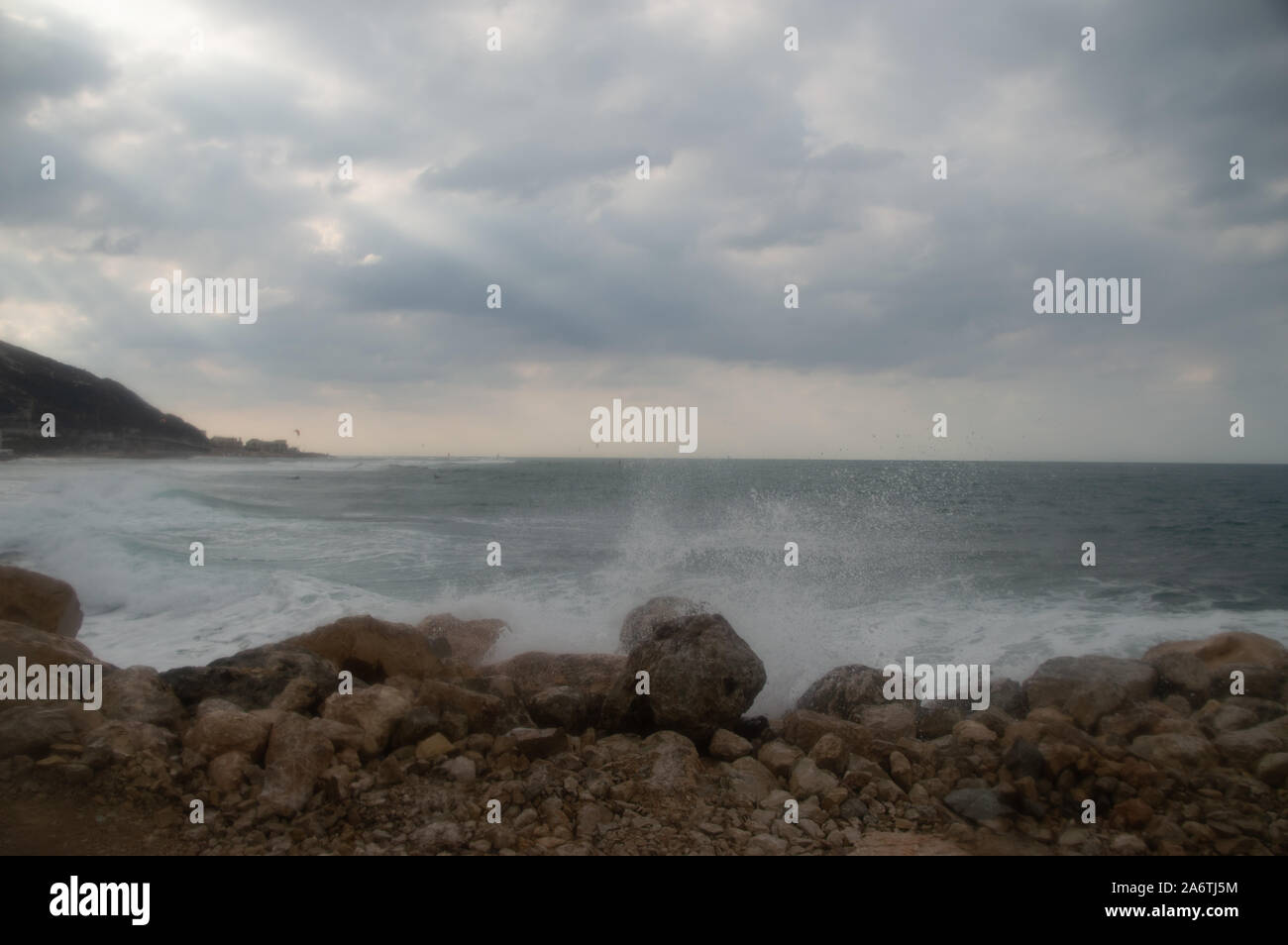 Bat Galim beach in haifa, Israel capturing waves before the storm Stock ...